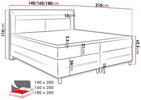 Boxpringová manželská postel s LED osvětlením 140x200 GALWAY - černá ekokůže + topper ZDARMA