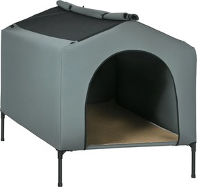 PawHut Psí Bouda s Krytem pro Venkovní Použití 130x85x95 cm Zvýšená Postel pro Mazlíčky s Polštářem a Rolovacími Síťovými Okny pro Velké Psy Šedá | Ao