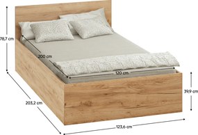Postel s kovovým roštem a úložným prostorem, 120x200, dub craft zlatý, DOLI