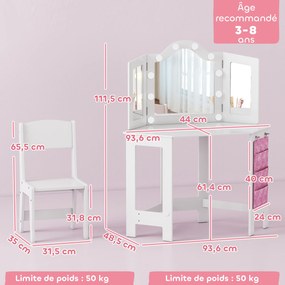 AIYAPLAY Dětský toaletní stolek s taburetem, dívčí toaletní stolek se dvoubarevnými LED světly, trojnásobně skládací zrcadlo, bílá