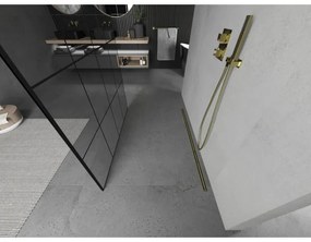 Mexen Kioto, průchozí sprchová zástěna 130 x 200 cm, 8mm sklo čiré/černý vzor, 2x zlatá stabilizační rozpěra, 800-130-002-50-77