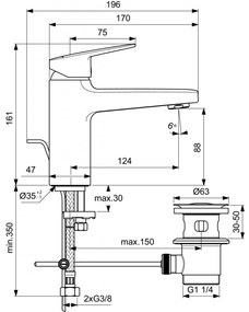 Ideal Standard Ceraplan - Umyvadlová baterie Grande s kovovou odtokovou garniturou, černá matná BD227XG