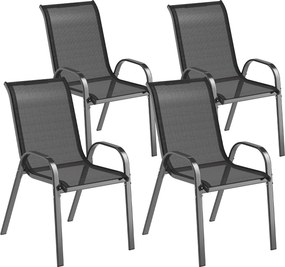Outsunny Sada 4 Zahradních Židlí pro Exteriér Stohovatelné Terasové Židle s Prodyšnou Tkaninou Ocelový Rám Područky a Vysoké Opěradlo 54x71x93 cm Čer…
