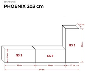 Ral Obývací stěna PHOENIX 3, 203 cm - Černý lesk