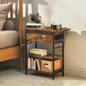 HOMCOM Odkládací stolek, noční stolek s elektrickou lištou, 2 patra, USB porty, úložný prostor 60 x 29,8 x 58,5 cm, rustikální hnědý