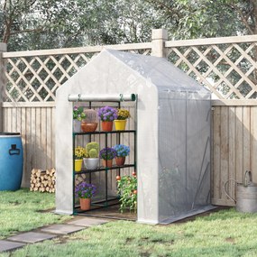 Outsunny Fóliový skleník Walk-in se 4 policemi Skleník na rajčata Skleník se studeným rámem Bílý PE 143x143x195cm pro zahradu a rostliny | Aosom.de