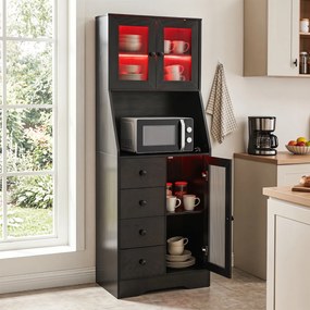 Costway 163 cm dřevěná kuchyňská skříň bufetová s pracovní deskou LED osvětlením
