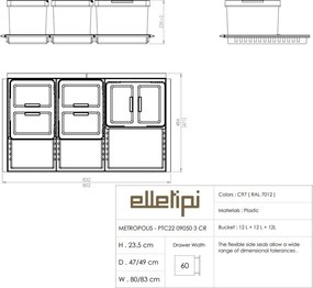 Šedý plastový odpadkový koš 3x12 l na tříděný odpad/vestavný Metropolis Flip-up – Elletipi