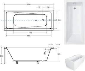Besco Modern akrylátová vana 120x70, 130x70, 140x70, 150x70, 160x70, 170x70 Délka vany 130 cm