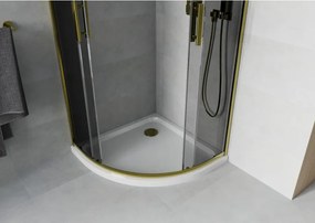 Mexen Rio, čtvrtkruhový sprchový kout s posuvnými dveřmi 90 (dveře) x 90 (dveře) x 190 cm, 5mm šedé sklo, zlatý profil + bílá sprchová vanička SLIM, 863-090-090-50-40-4110G