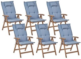 Sada 6 zahradních skládacích židlí z tmavého akáciového dřeva s modrými polštáři AMANTEA Beliani