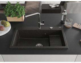 Mexen Omar, 1-komorový granitový dřez 800x480x210 mm, černá-zlatá metalíza, chromový sifon, 6520801005-75