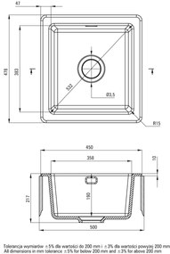 Deante Sabor, keramický dřez 475x450x215 mm B/O + prostorově úsporný sifon, 1-komorový, černá matná, ZCB_N103