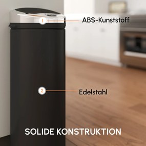 HOMCOM Senzorový odpadkový koš 50 l, automatický odpadkový koš, nerezový kuchyňský koš, infračervený senzor, černý, nerez