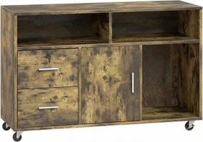 HOMCOM skříňka pod tiskárnu na kolečkách se 2 zásuvkami, 3 policemi a 2 skříňkami, z dřeva, 100x35x65 cm, hnědá