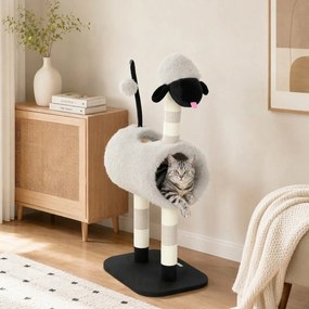 PawHut Kočičí strom v designu ovce, se škrábacím sloupkem, tunelem a hračkou, 98 cm, světle šedá