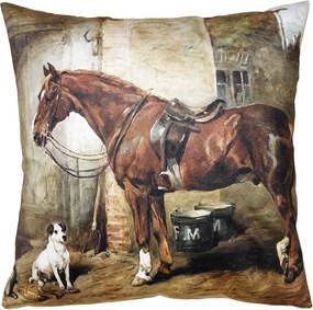Vintage dekorační polštář s motivem koně ve stáji - 45*45*4 cm