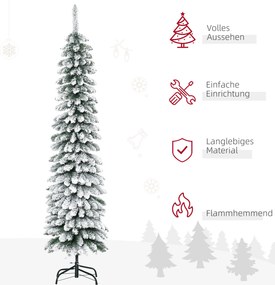 HOMCOM Umělý vánoční stromek, zasněžený, úzký design, nehořlavý, 180 cm, zelená/bílá
