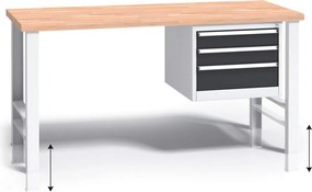 Výškově nastavitelný pracovní stůl do dílny G3 se závěsným boxem na nářadí, buková spárovka, 3 zásuvky, 1500 x 685 x 840 - 1050 mm, grafit
