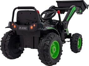 Ramiz Dětský bagr-traktor na baterie zelený + pohyblivé rameno s lžící + dálkové ovládání + pomalý start + FM rádio + LED