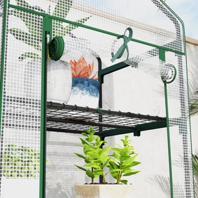 Skleník Outsunny s rolovacím dveřmi, policemi, zimní ochrannou ocelovou konstrukcí, skleník pro balkon, zahradu, dům na rajčata 69 x 49 x 193 cm, skl…