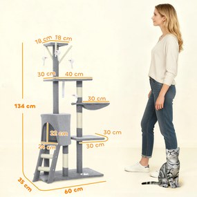 PawHut Škrabadlo pro kočky s jeskyní, 4 hračkami, sisalové sloupky, velká plošina, schody, pro kočky pod 5 kg, šedá
