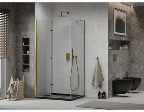 Mexen Lima skládací sprchový kout 100 x 80 cm, Průhledné, Zlatá + sprchová vanička Flat, Černá - 856-100-080-50-00-4070G