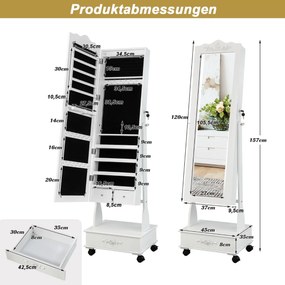 Costway Zrcadlová skříňka na šperky s celoplošným zrcadlem a zásuvkami a LED