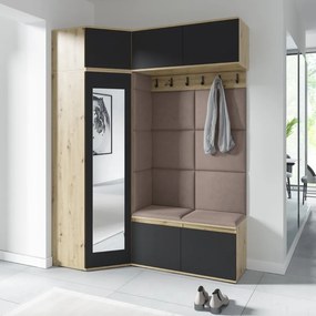 Eka Předsíňová stěna s čalouněnými panely Trinity 38 - Dub Artisan s černou / Tmavá béžová 2305