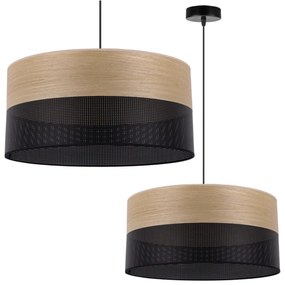 Závěsné svítidlo Wood, 1x dýha zlatý dub/černé plastové stínítko, (fi 44cm)