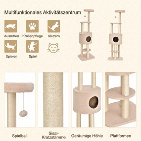 PawHut Kočičí škrabadlo Výška 148 cm Kočičí věž se sisalovými sloupky 3 platformy Dům a zavěšená kulička Béžová
