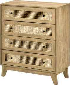 HOMCOM Komoda se 4 šuplíky s ratanovým ratanem 80 x 35 x 95 cm Světlé dřevěné provedení