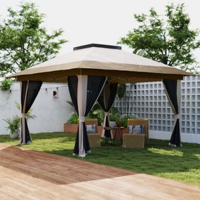 Outsunny skládací altán 3,6x3,6 m s síťovanými bočními stěnami, UPF50+, nastavitelná výška, rolovací taška a pytle s pískem, béžová