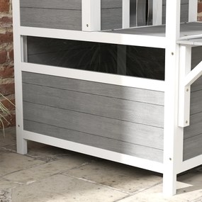 PawHut kočičí jeskyně, kočičí bouda z jedlového dřeva, kočičí domek s balkonem, vchody, pro kočky do 5 kg, venkovní, 64 x 87 x 76 cm, světle šedá
