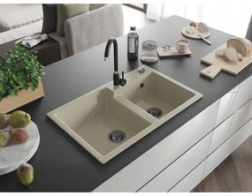Mexen Tomas, granitový dřez 800x500x190 mm, 2-komorový, béžová s černým sifonem, 6516802000-69-B