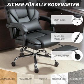HOMCOM Kancelářská židle ergonomická, výškově nastavitelná, otočná s opěrkou bederní páteře, opěrkami rukou, opěrkou nohou, PU kůže, černá
