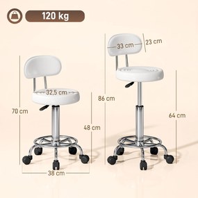 HOMCOM nastavitelná otočná stolička na kolečkách s opěradlem, bílá PU — výška 70–86 cm