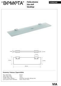 Bemeta Design VIA: Polička, 600 mm, sklo -
