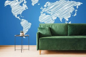 Samolepící tapeta šrafovaná mapa světa na modrém pozadí - 225x150 cm
