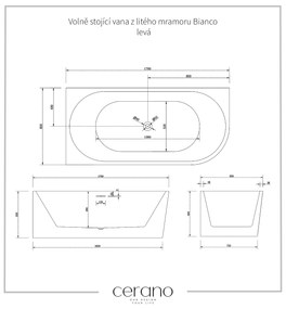 CERANO - Volně stojící akrylátová vana Bianco, levá - bílá lesklá - 170x80 cm