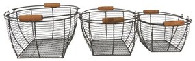 3ks hnědé drátěné košíky s dřevěnými držadly – 35x26x14 / 31x22x13 / 27x19x12 cm