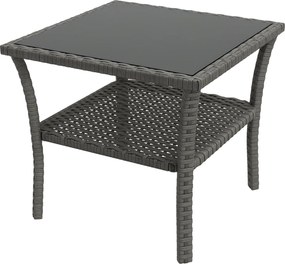 Outsunny Čtvercový Zahradní Stůl z Umělého Rattanu 50x50x45 cm s Skleněnou Deskou a Pozinkovaným Ocelovým Rámem, Nosnost 30 kg pro Terasu a Patio Šedý