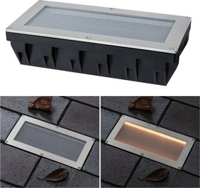 P 95745 Solární LED zemní svítidlo Sorea soumrakový senzor IP67 hranaté 200x100mm 2200K 0,3W 3,7V kov kartáčovaný ABS/polykarbonát/ocel - PAULMANN