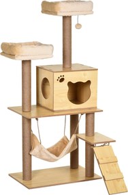 PawHut Kočičí Škrabadlo Výška 130 cm Kočičí Věž se Sisalovými Škrabacími Sloupky 2 Postele Houpací Síť Jeskyně Hračková Koule a Rampou 60x40x130 cm Př