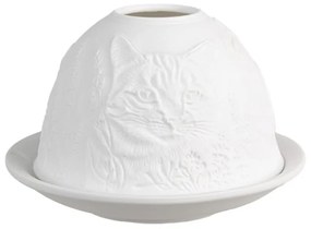 Bílý porcelánový svícen na čajovou svíčku kočka s květinami – 12x8 cm