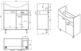 Aqualine Aqualine, ZOJA umyvadlová skříňka 71,5x74x34cm, dub platin, 51175