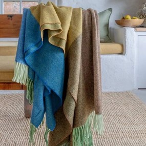 Deka z jehněčí vlny Blue Green Mustard Tan Large Blocks 180 x 137 cm John Hanly