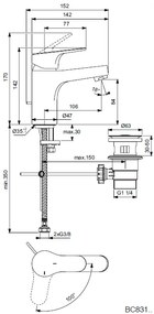 Ideal Standard Cerabase - Umyvadlová baterie s Blue Start s plastovou odtokovou garniturou, chrom BC831AA