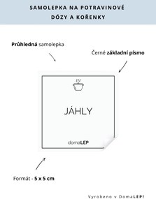 JÁHLY – průhledná samolepka na dózu, základní písmo, 5 × 5 cm
