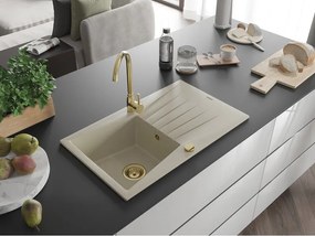 Mexen Cesar, granitový dřez 775x470x190 mm, 1-komorový, béžová se zlatým sifonem, 6514771010-69-G